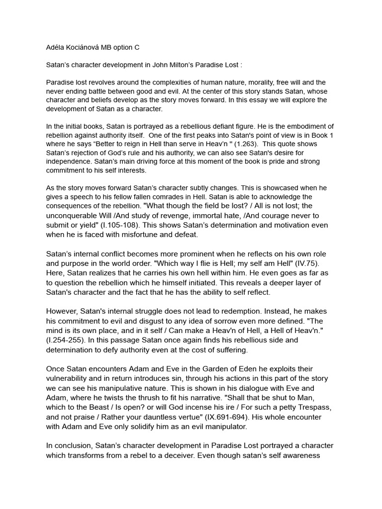Paradise Lost Essay | PDF | Paradise Lost | Satan