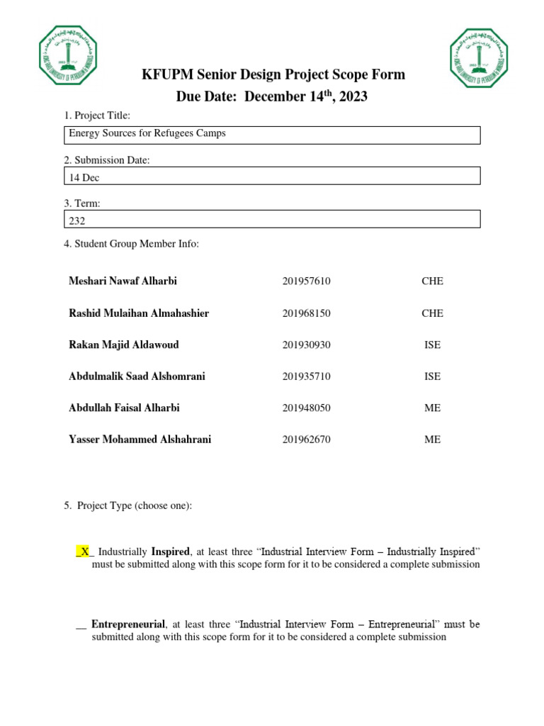 Senior Capstone Scope Form - 232-099 | PDF | Hydrogen | Physical Quantities