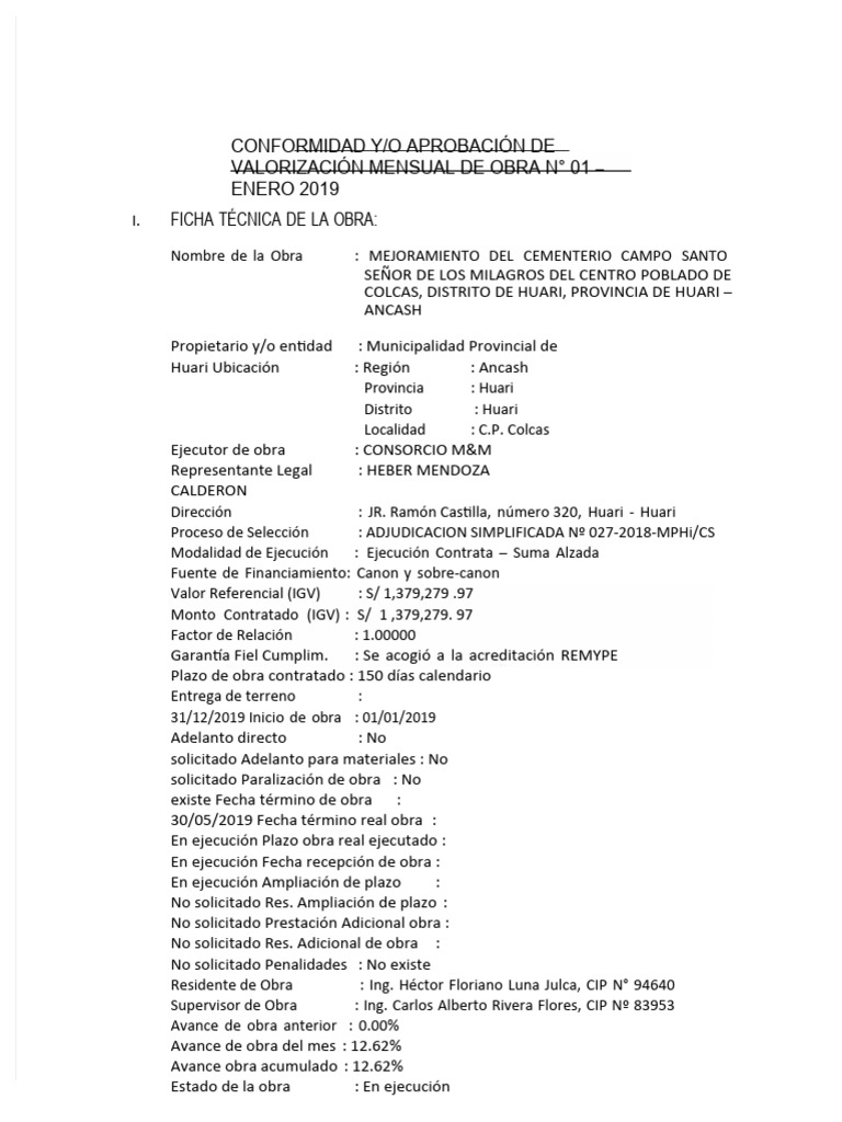 PDF Informe Tecnico de Conformidad de Valorizacion de Obra N 01 | PDF