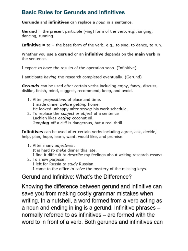 Basic Rules For Gerunds and Infinitives | PDF | Verb | Noun