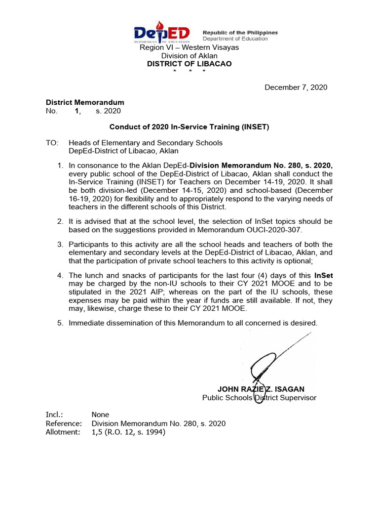 Final District Memo On 2020 INSET Libacao | PDF | Finance & Money ...