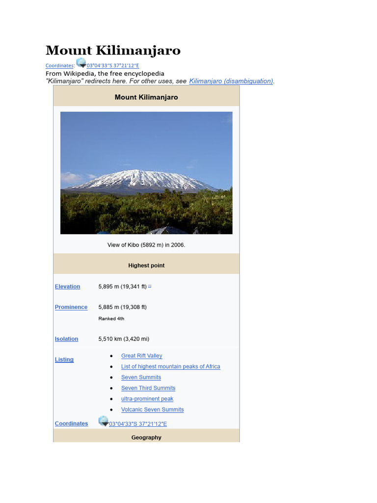 Kilimanjaro | PDF | Volcanism | Physical Geography