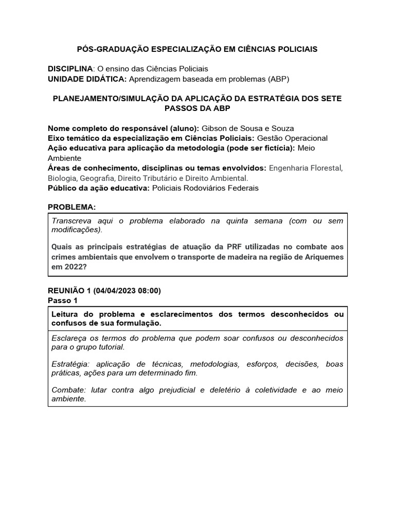 Planejamento De Aplica o Da Estrat gia Dos Sete Passos Da ABP PDF