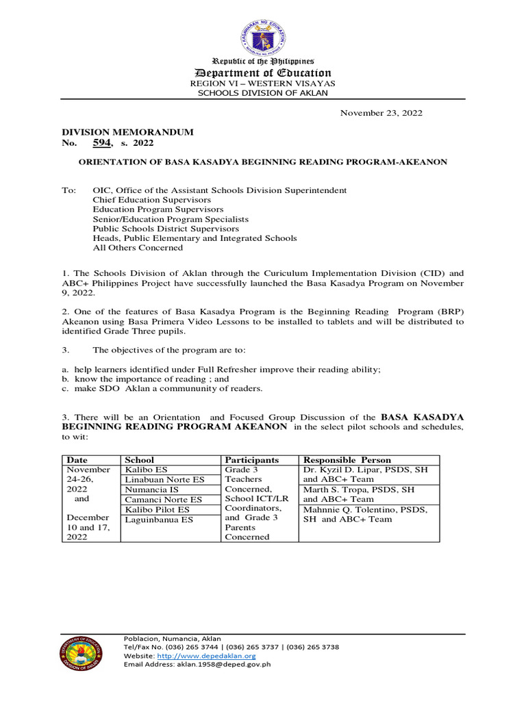 Aklan's Basa Kasadya Reading Program Memo | PDF