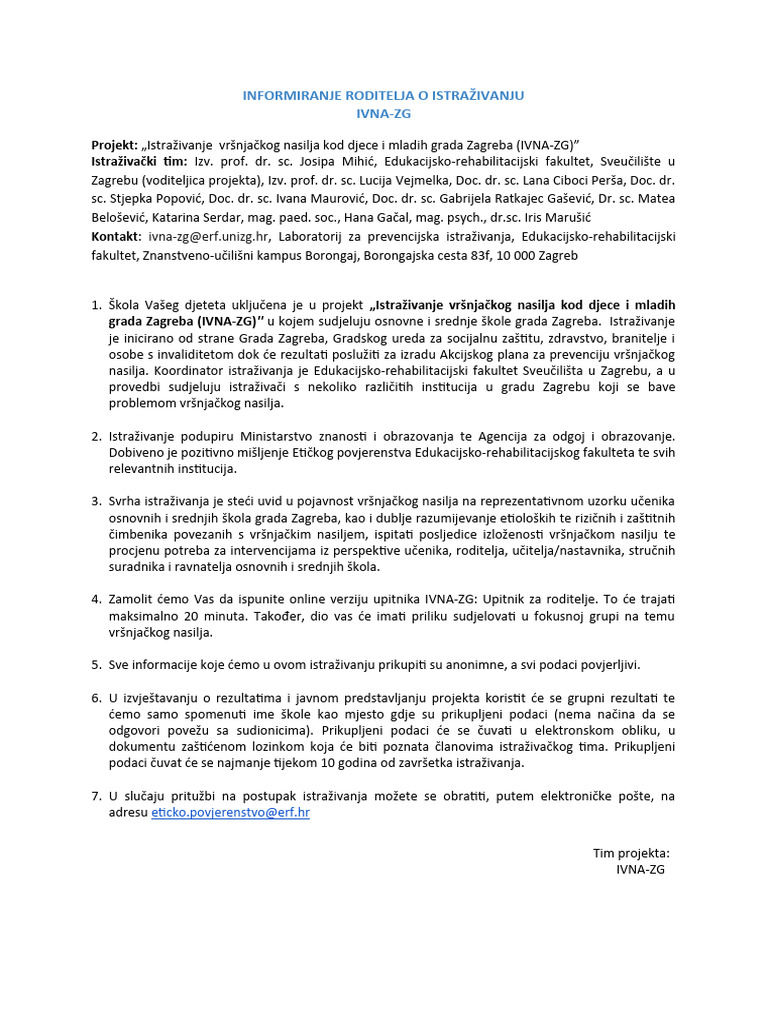 Ivna Zg Informiranje Roditelja O Istraživanju Pdf