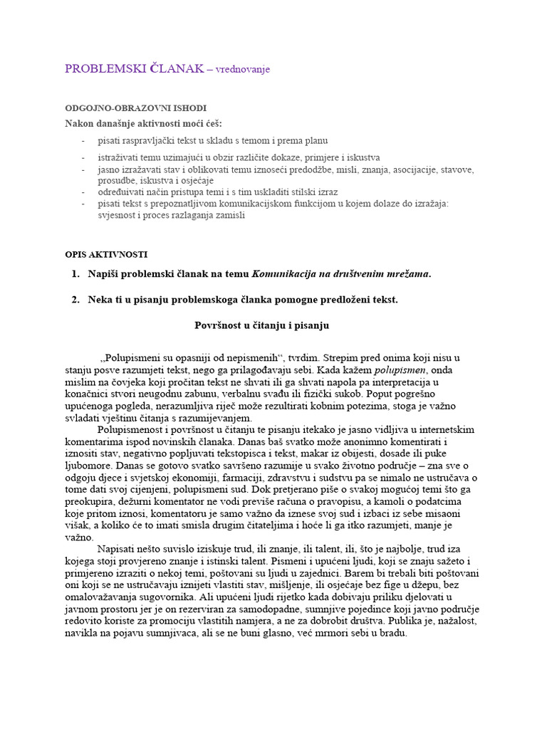 Problemski Lanak - Opisnik Za Pisano Jezi No Izra Avanje | PDF