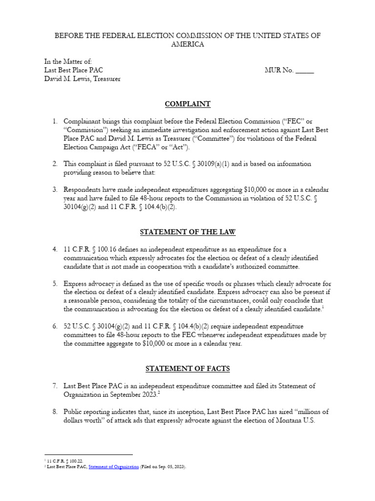 Last Best Place PAC FEC Complaint | PDF | Independent Expenditure ...