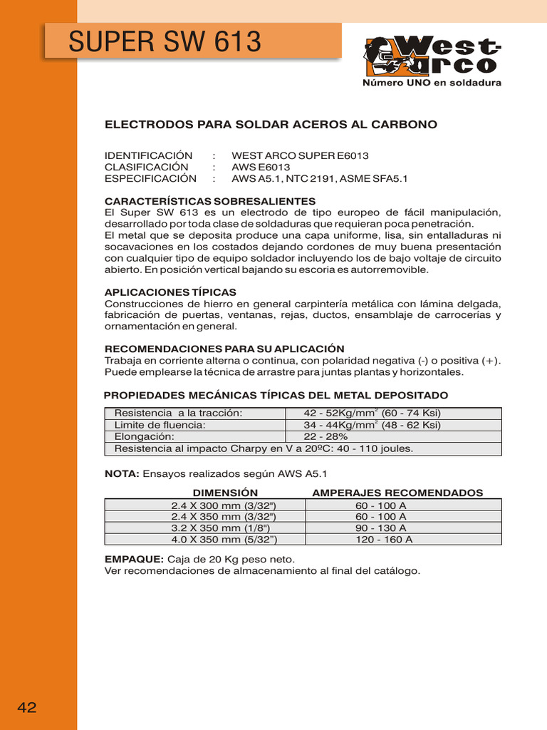 Super SW 613: Electrodos para Soldar Aceros Al Carbono | PDF | Tecnología e ingeniería