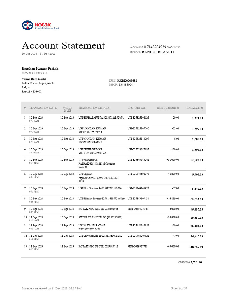 Bankstatement 3 Months | Download Free PDF | Debits And Credits | Payments