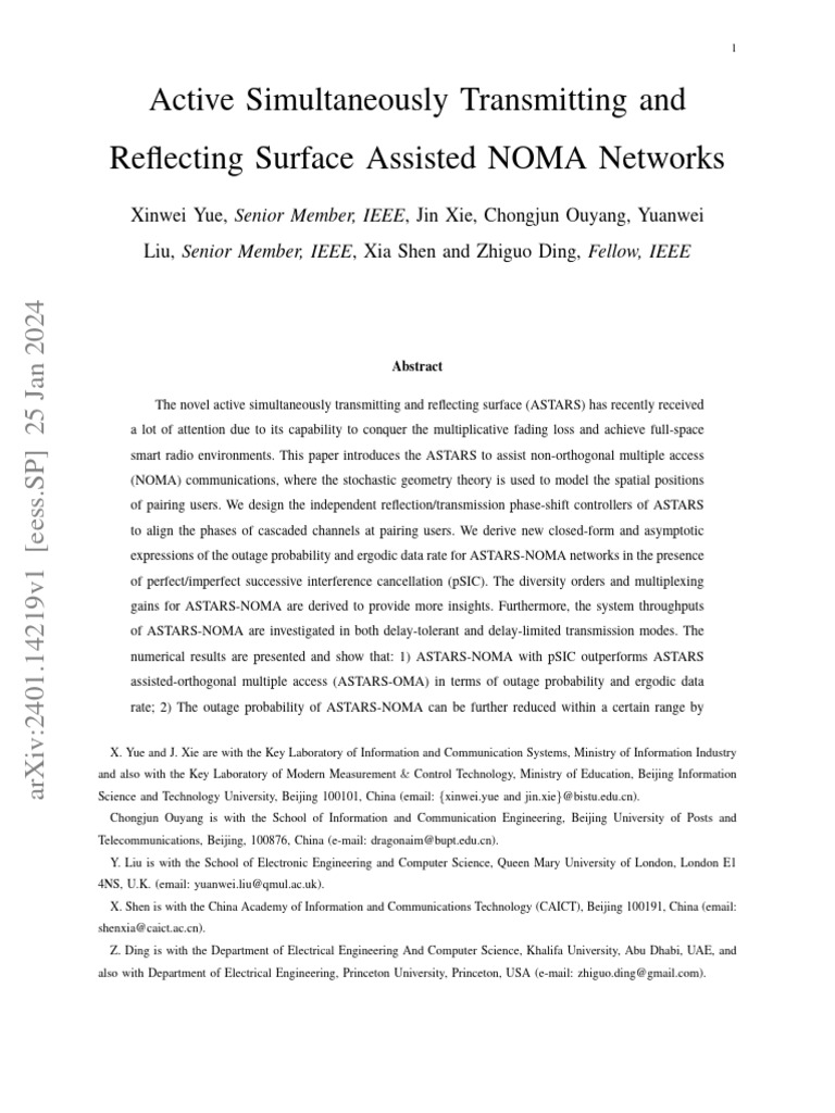 Active Simultaneously Transmitting and Reflecting Surface Assisted NOMA Networks | PDF | Channel ...