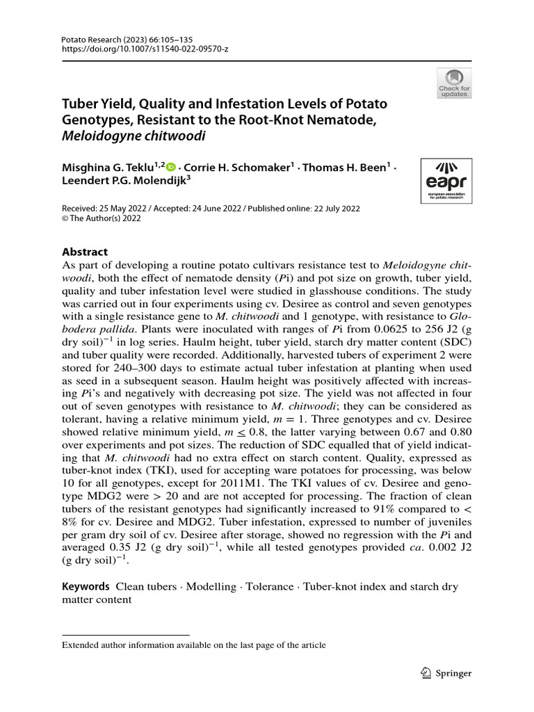 Tuber Yield, Quality and Infestation Levels of Potato Genotypes ...