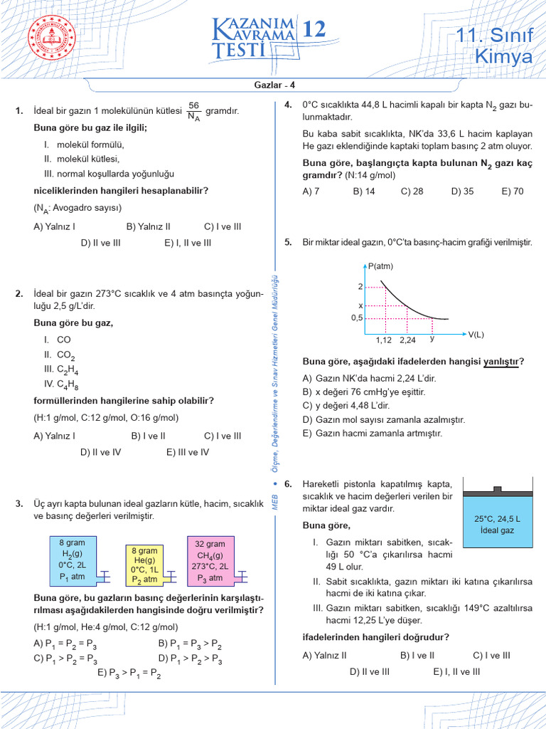 Sınıf 11. Sınıf Kimya Kimya: P (Atm) 2 X 0,5 1,12 2,24 y | PDF