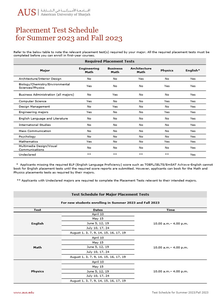 R - Placement Test - Schedule - Summer 2023 and Fall 2023 | PDF ...