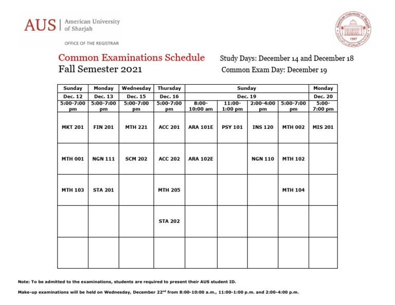 Fall 2021 Common Exams Schedule | PDF
