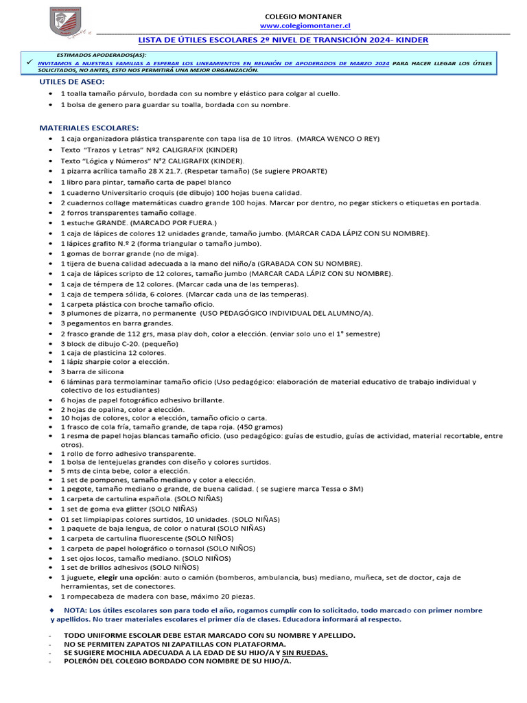 Lista Utiles Kinder A 4em - 2024 | PDF | Lápiz | Papel