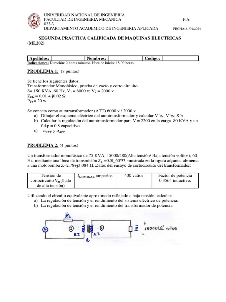 Segunda Practica 31 01 20243 | PDF | Transformador | Energia electrica