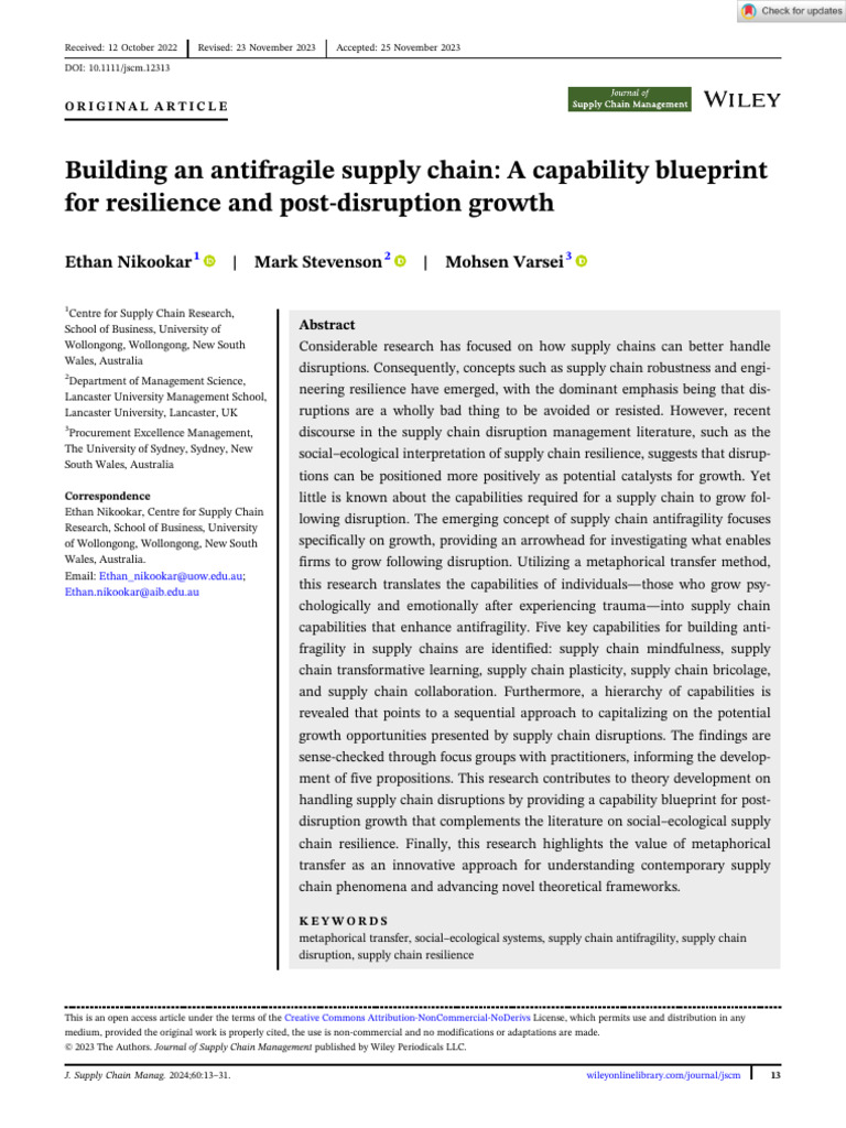 J Supply Chain Manag - 2024 - Nikookar - Building An Antifragile Supply ...