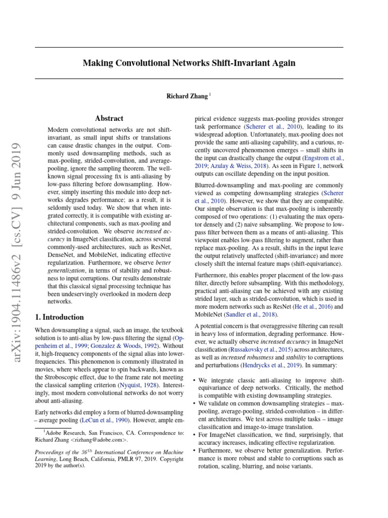 Making Convolutional Networks Shift Invariant Again Pdf Algorithms Telecommunications