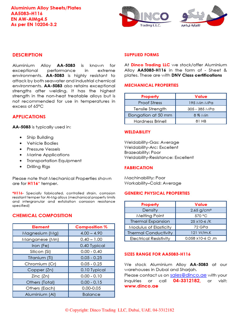 Aluminium Alloy 5083H116 Data Sheet | PDF | Alloy | Aluminium
