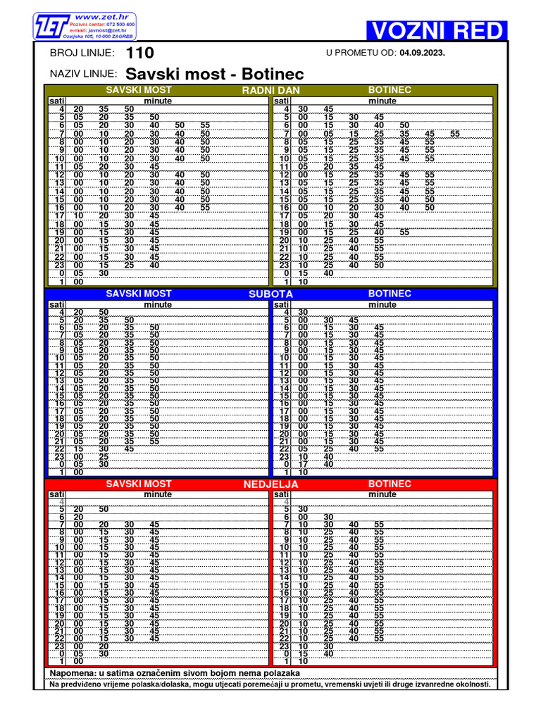 Vozni Red: Savski Most - Botinec 110 | PDF