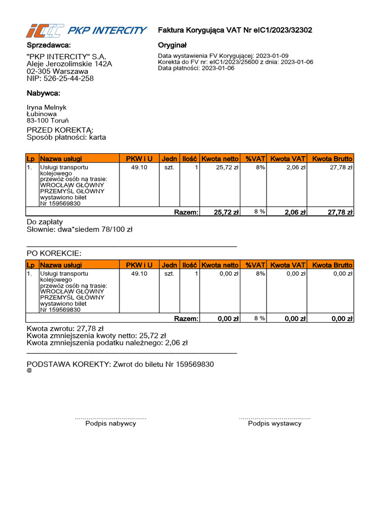 Faktura Korekta 159569830 | PDF
