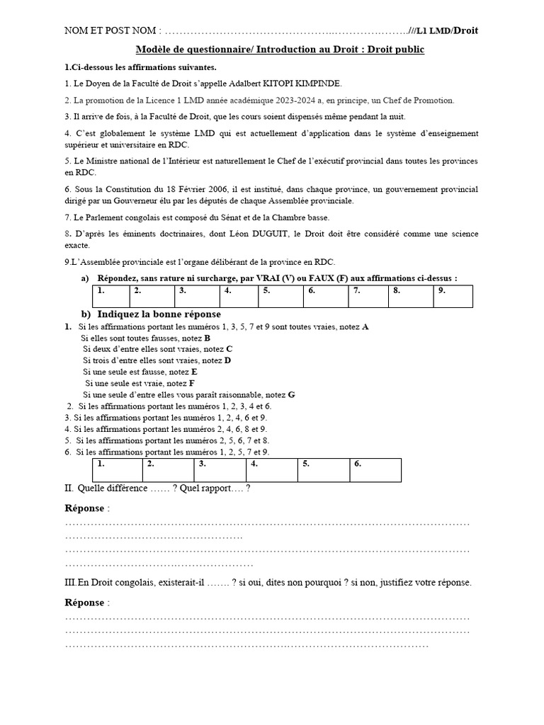 Questionnaire d'Introduction au Droit 2023 | PDF | Gouvernement