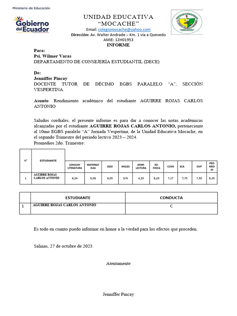 Informe Bajo Rendimiento Academico Dece-1 | PDF