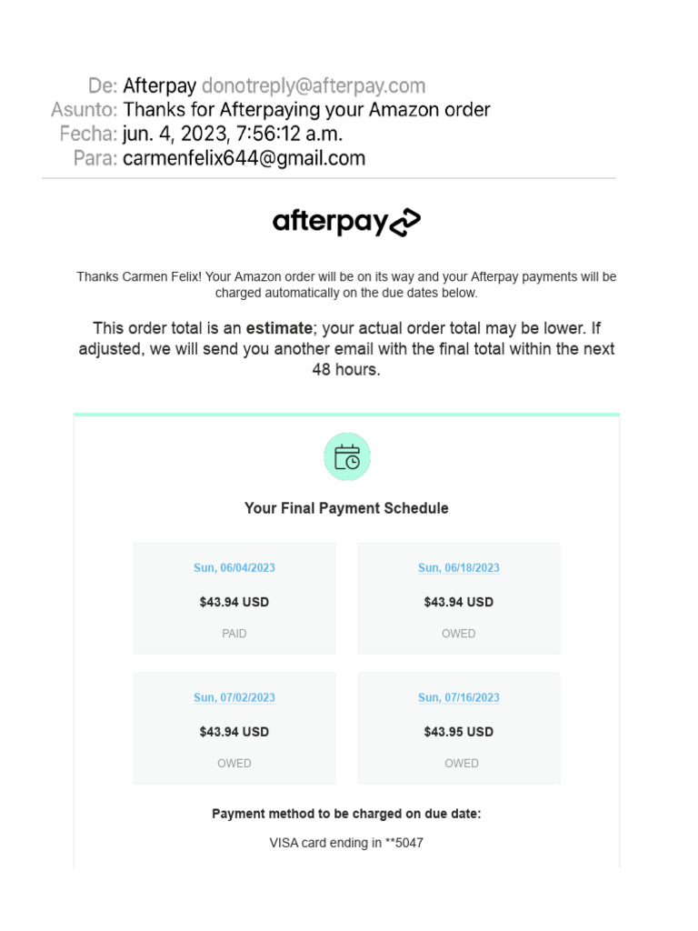 Thanks For Afterpaying Your Amazon Order | PDF | Payments | Debit Card