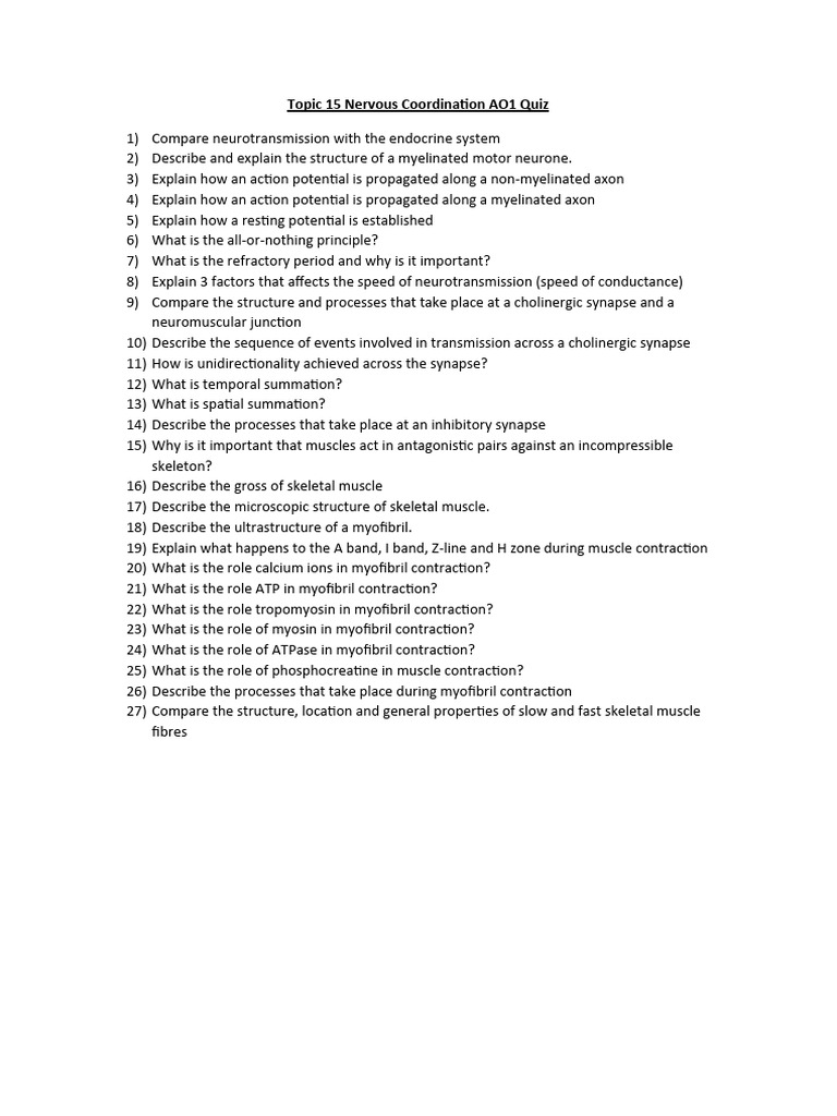 Topic 15 Nervous Coordination AO1 Quiz | Download Free PDF | Chemical Synapse | Neurotransmitter