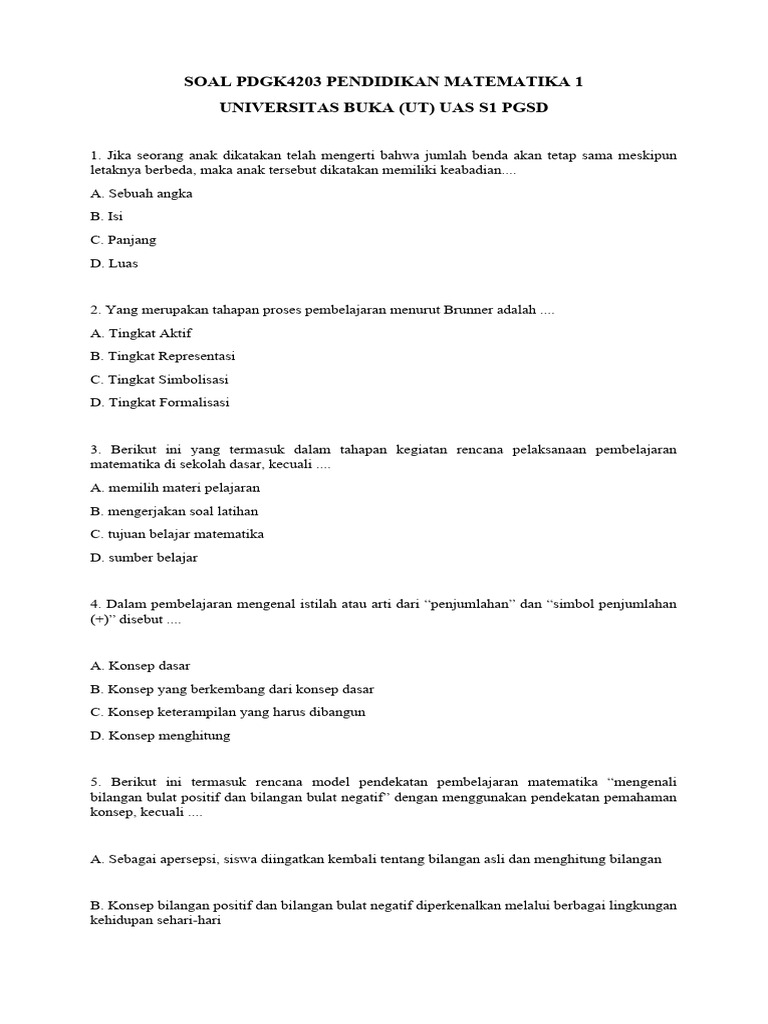 Soal Pdgk4203 Pendidikan Matematika 1 | PDF