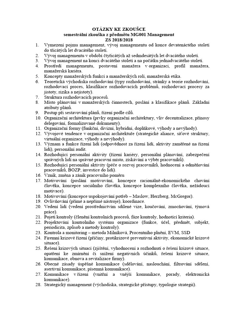 Management-Zkouskove Otazky | PDF