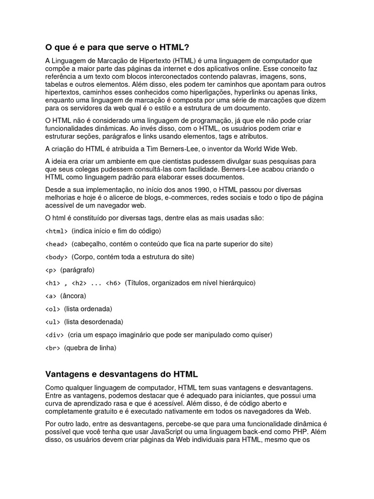 O que é e para que serve o HTML | PDF | Html | Rede mundial de computadores
