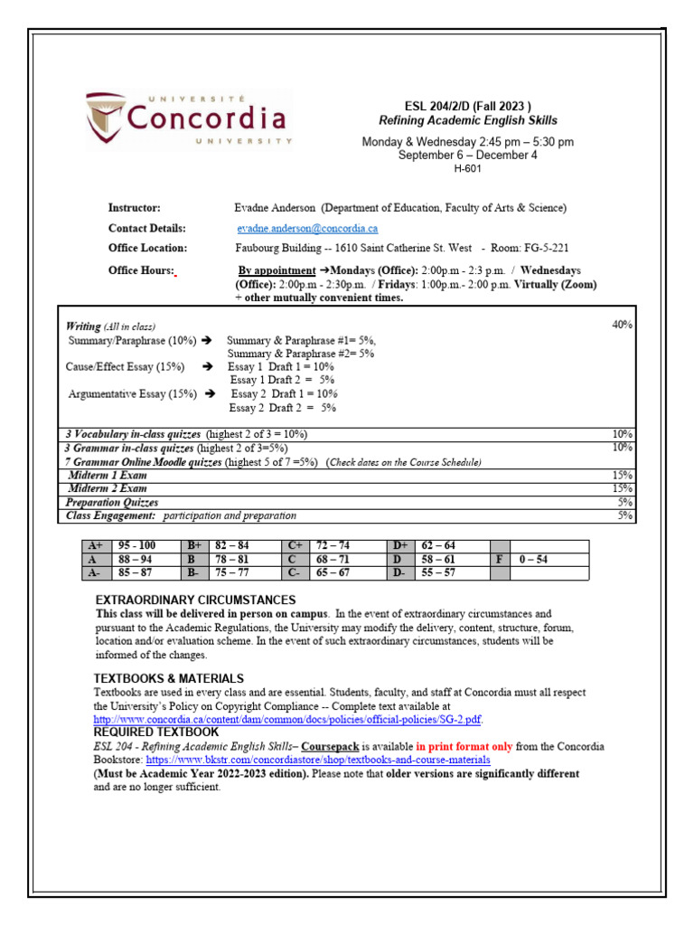 Course Outline ESL 204D F23 | PDF | Textbook | Plagiarism Course Outline ESL 204D F23 | PDF | Textbook | Plagiarism