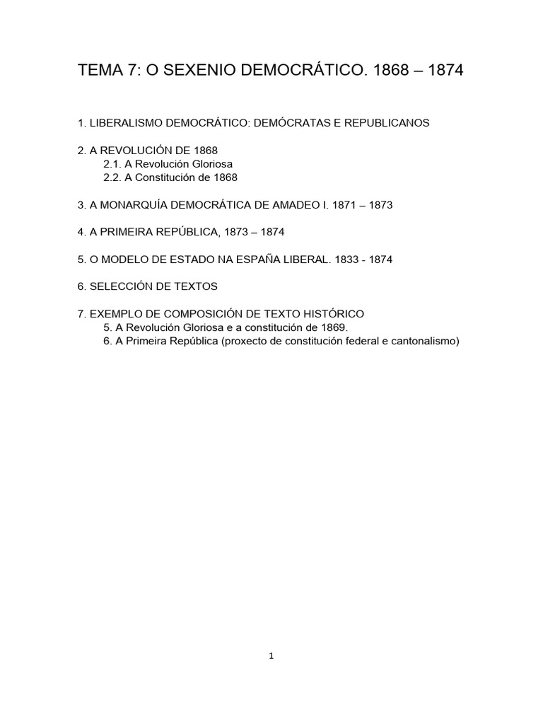 Esquemas. TEMA 7 O Sexenio Democrático. 1868 - 1874 | PDF