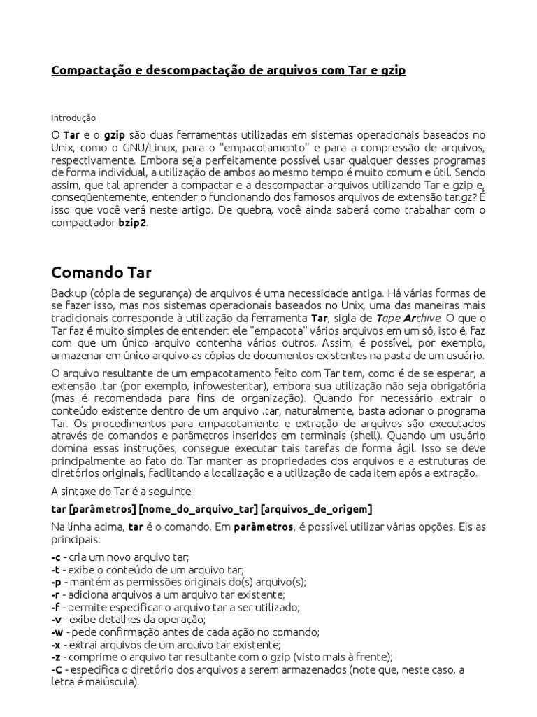 Aula Sobre Tar, Gzip, Bzip2 | PDF | Informática | Programas