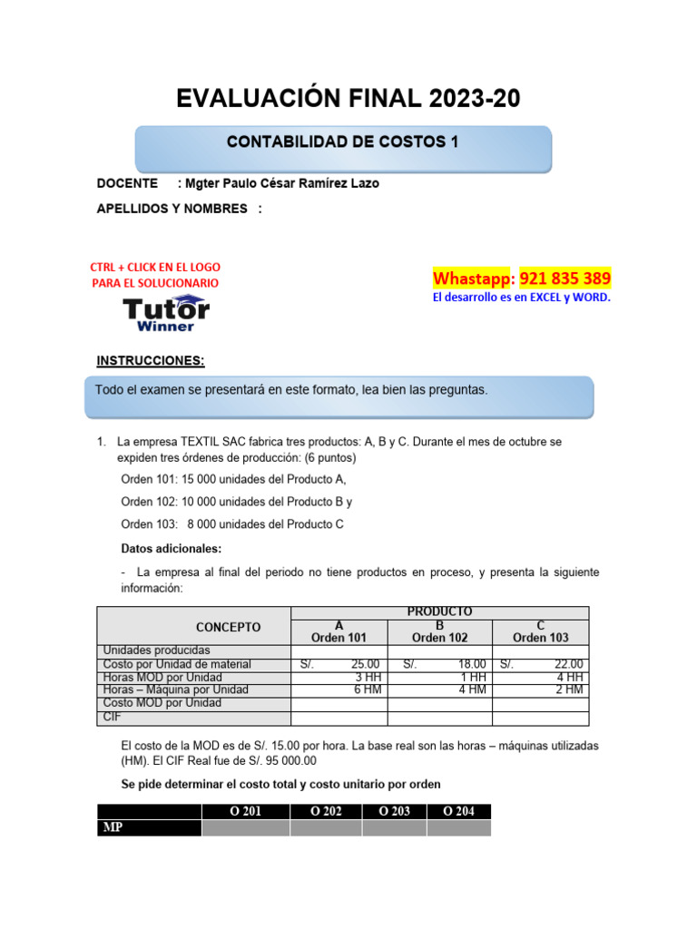 Tw-contabilidad de Costos 1 Examen Final 2023 Sept (s.p.) | PDF | Business | Contabilidad de gestión