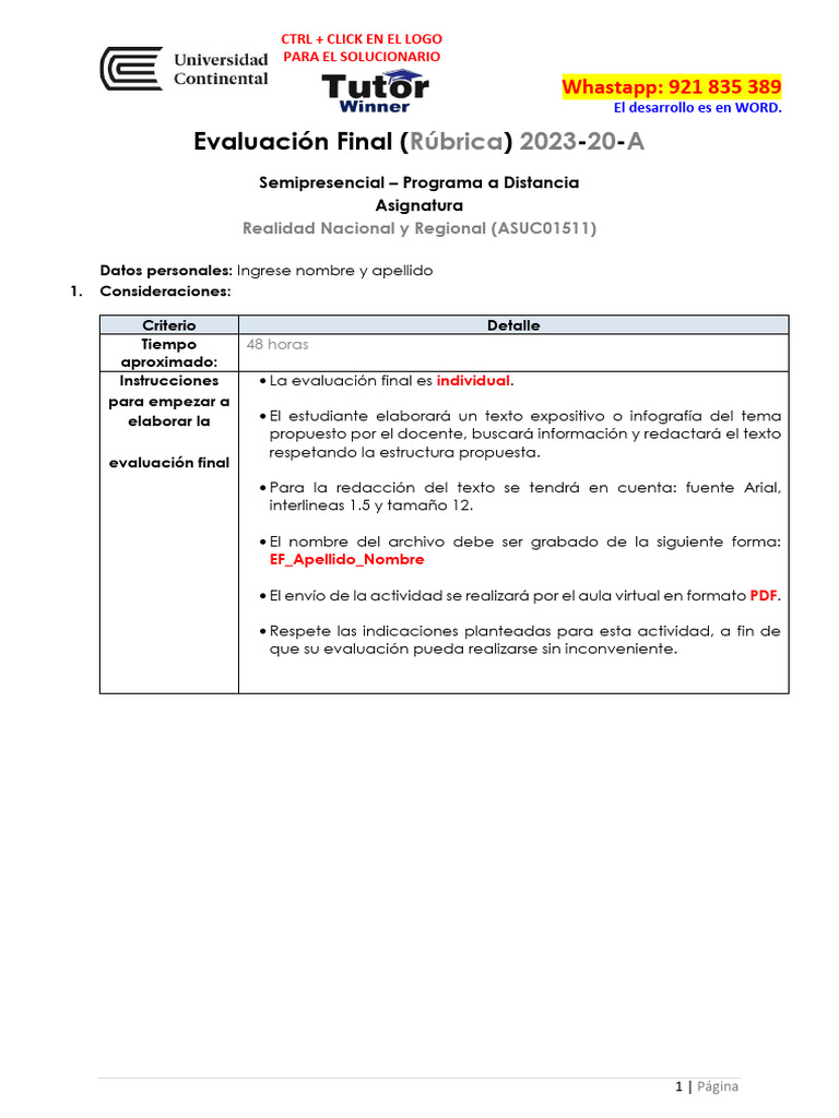 TW-EV FINAL Realidad Nacional y Regional Prueba Rubrica 2023-20 | PDF ...
