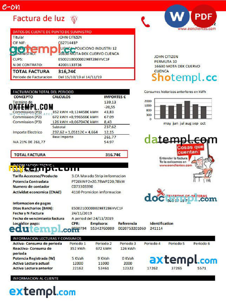 Doctempl - Spain E.on Electricity Utility Bill Template in Word and PDF ...