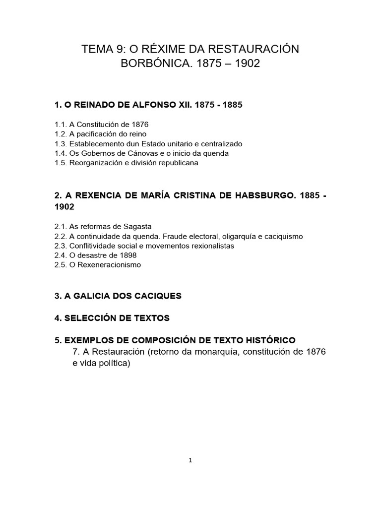 Esquemas TEMA 9 O Réxime Da Restauración Borbónica 1875 - 1902 | PDF