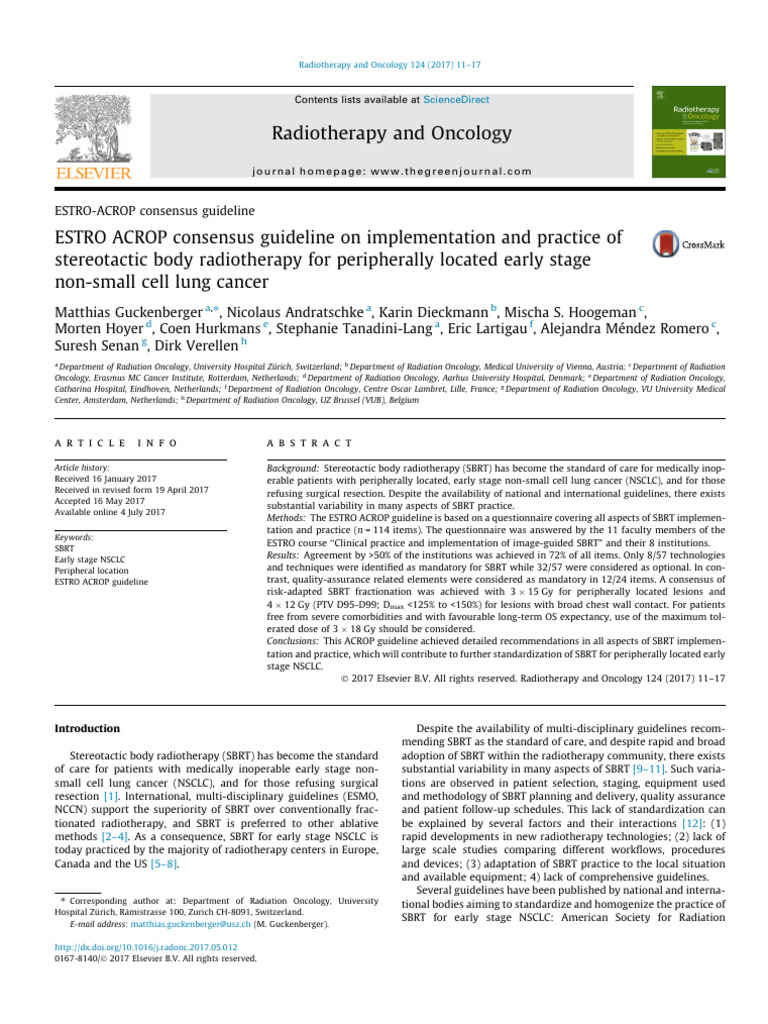 ESTRO ACROP Consensus Guideline On Implementation and Practice of SBRT For NSCLC | PDF | Lung ...