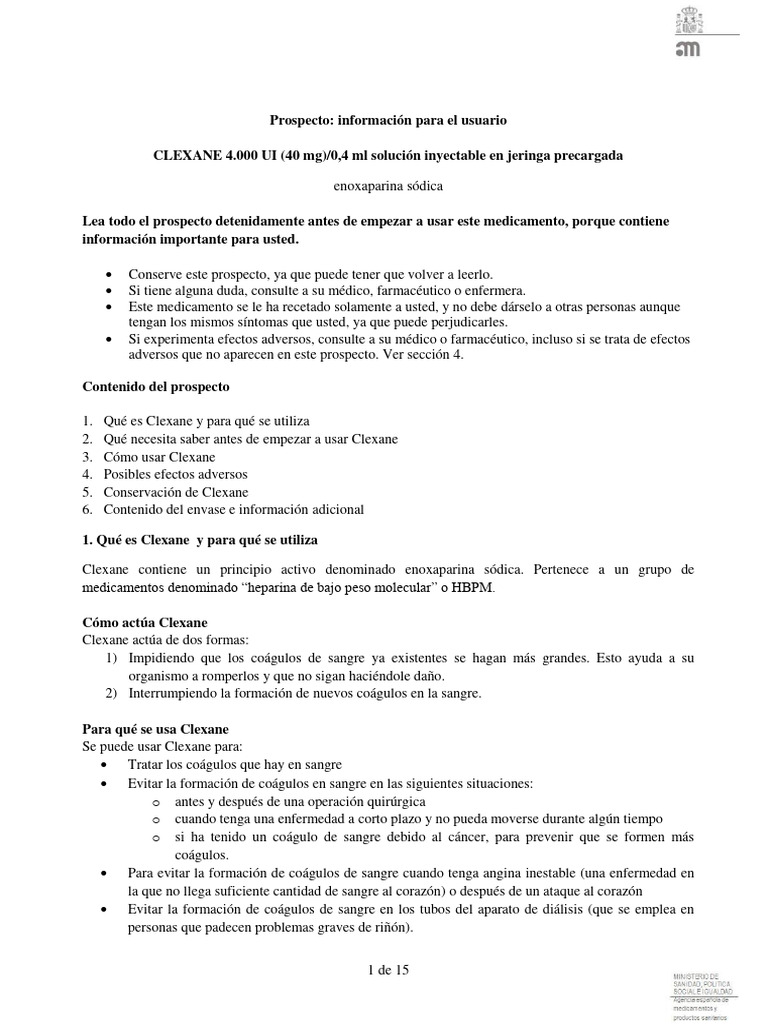 Prospecto de Clexane 40 mg inyectable | PDF | Inyección (medicina ...