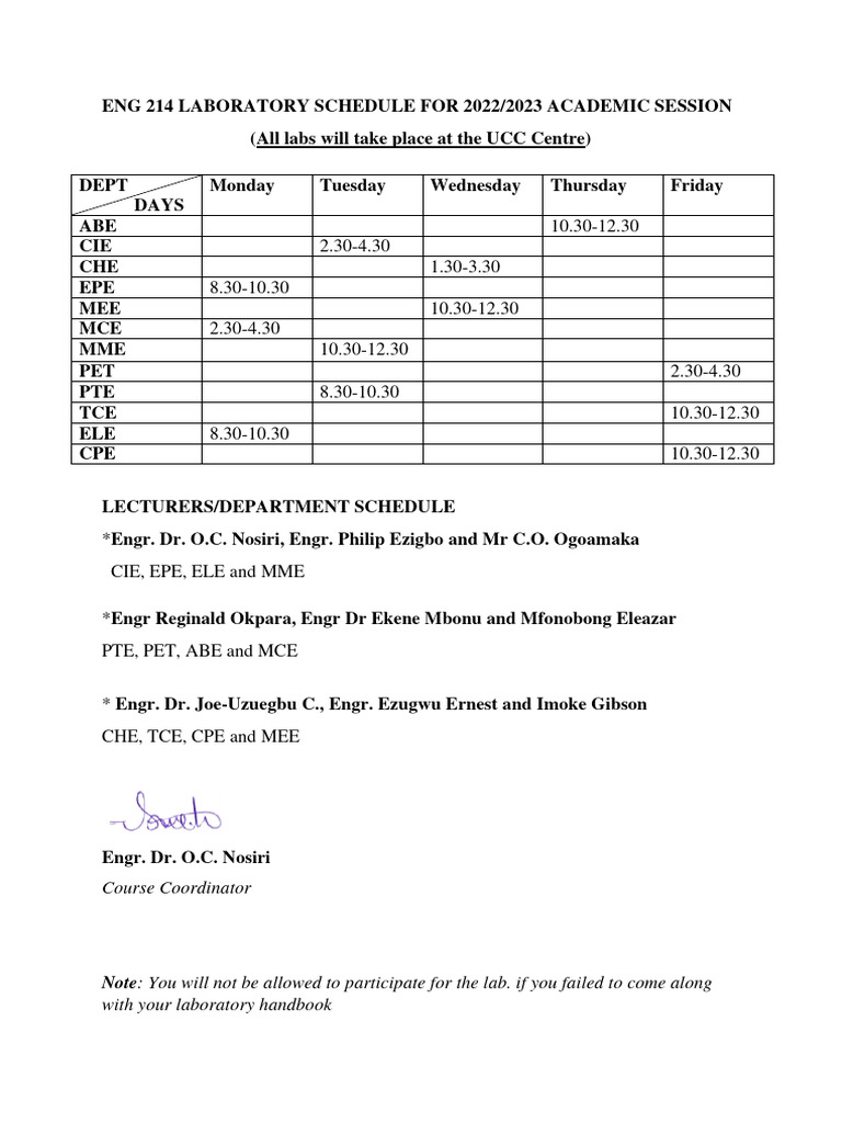 Eng 214 Laboratory Schedule For 2022-2023 Academic Session | PDF