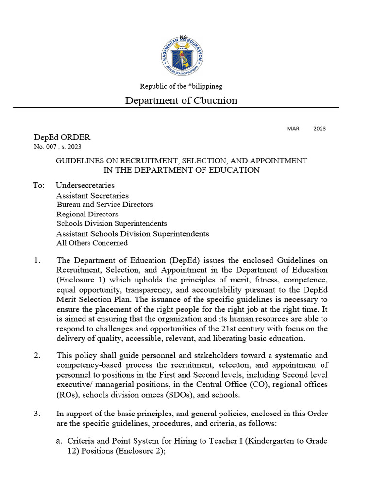 DepEd Recruitment and Appointment Guidelines | PDF | Recruitment ...