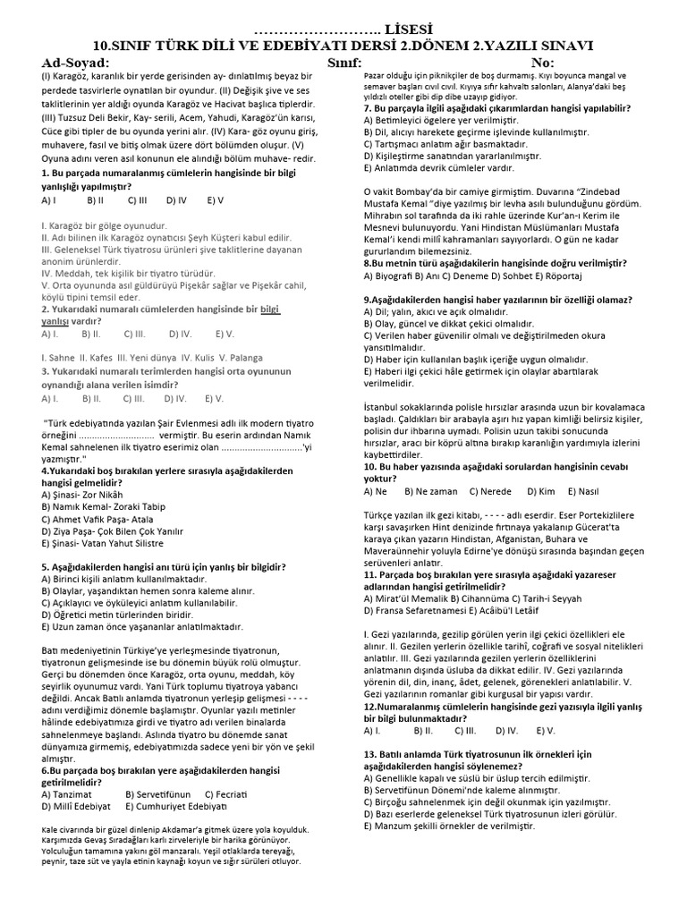 10-TDE-2.DÖNEM-2.SINAV-SORULARI | PDF