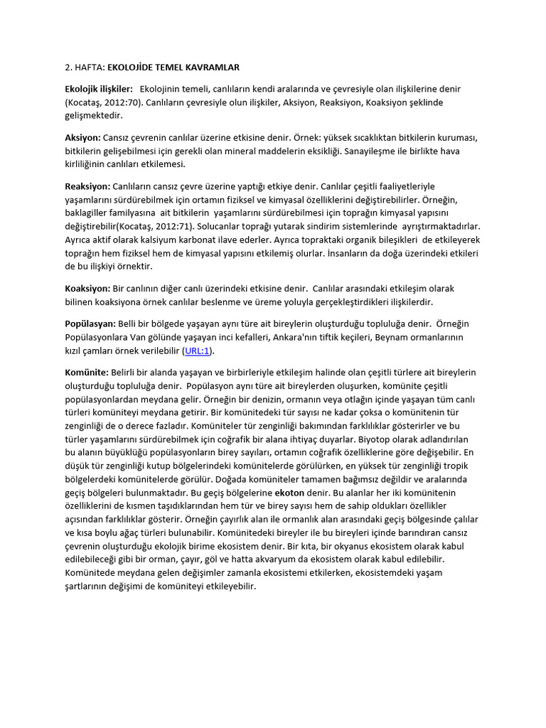 Hafta Ekolojide Temel Kavramlar | PDF