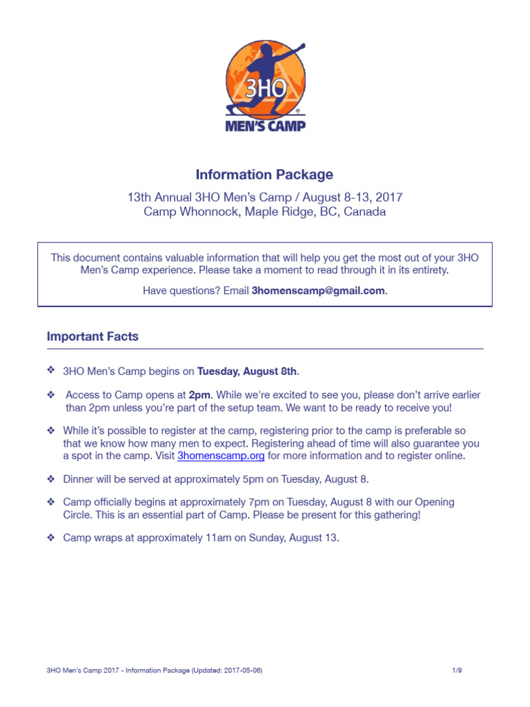 3HO Men's Camp 2017 - Information Package | PDF | Kundalini Yoga | Kundalini