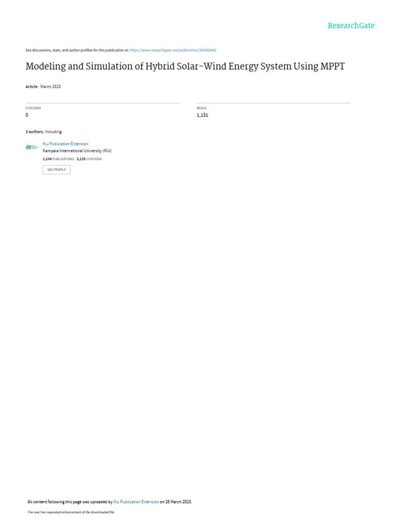 Modeling And Simulation Of Hybrid Solar Wind Energy System Using Mppt Algorithm Pdf Wind