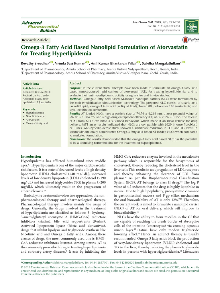 Omega-3 Fatty Acid Based Nanolipid Formulation of | PDF | Cholesterol ...