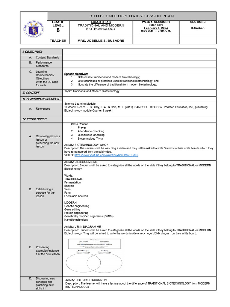 Biotech - Gr-7-DLP-2nd-Qtr-WEEK-2-DAY-1 | PDF | Biotechnology | Lesson Plan