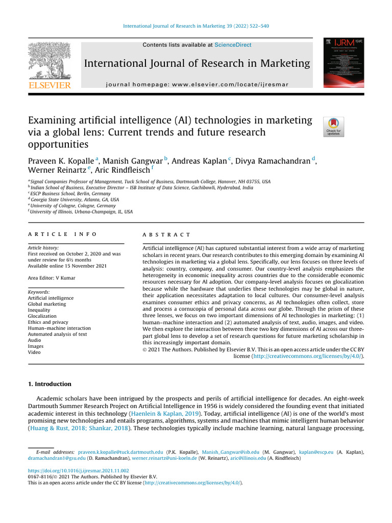 Examining Artificial Intelligence (AI) Technologies in Marketing Via A Global Lens - Current ...